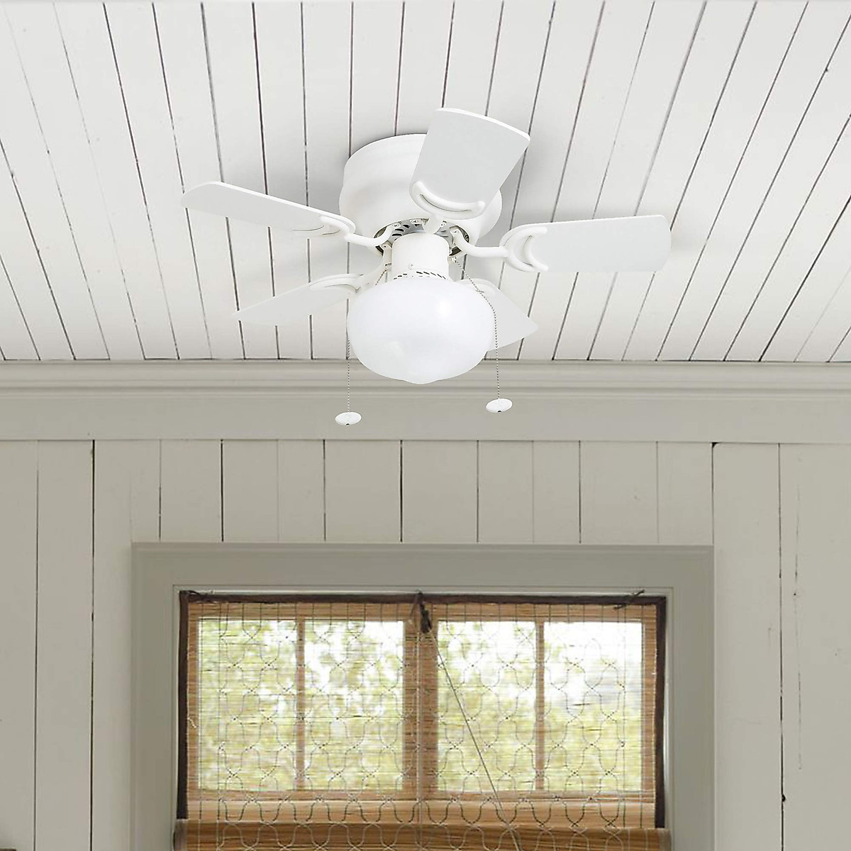 Prominence Home Hero, 28 Inch Traditional Flush Mount Indoor LED Ceiling Fan with Light, Pull Chain, Dual Finish Blades, Reversible Motor - 41530-01 (White)