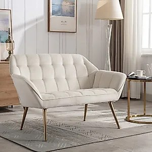 QUINJAY 48" Small Loveseat for Small Spaces, Modern Sherpa Mini Sofa Couch 2-Seater Velvet Love Seat with Quilting Back and Gold Legs for Living Room/Bedroom, Cream