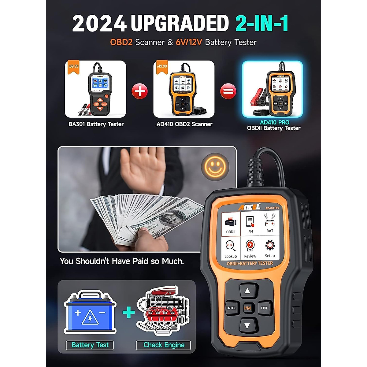 ANCEL AD410 Pro+ 2 in 1 OBD2 Scanner Battery Tester, OBD2 Scanner Diagnostic Tool for Car Check Engine Code Reader Scan Tool & 6V 12V 100-2000 CCA Battery Charging Cranking Test EVAP Live Data