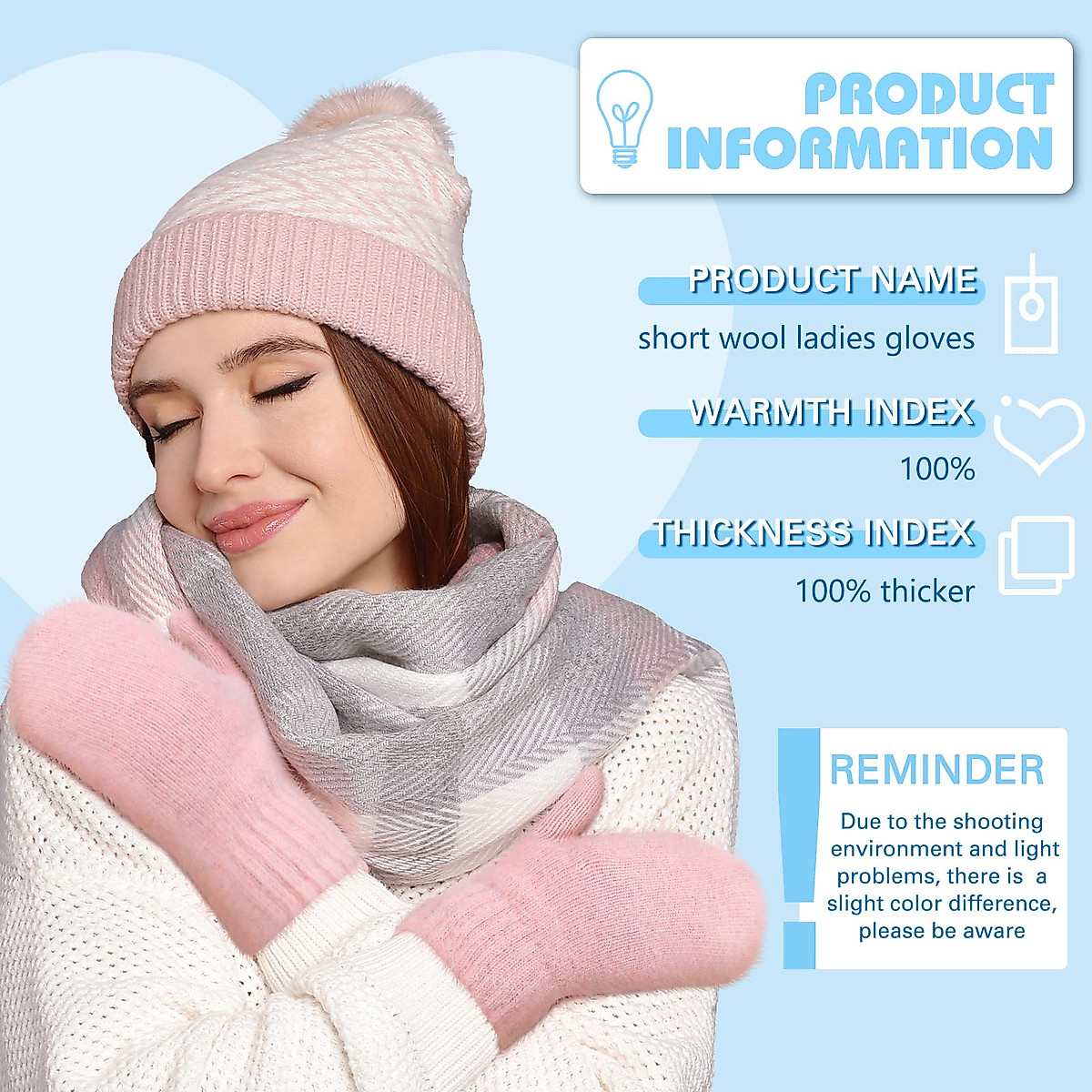 Hicarer 4 Pairs Women Mittens for Women Adult Winter Ladies Mittens Knitted Gloves Warm Fleece Mittens Double Wool Gloves, Black, White, Light Grey, Pink, about 3.9 x 9 inches