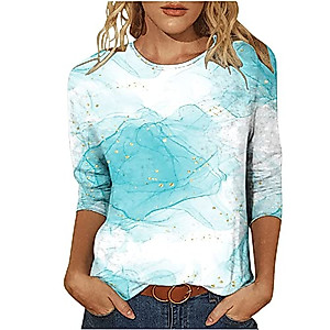Womens Tunic Tops 3/4 Sleeve Tops Cute Trendy 2023 Spring Shirts Graphic Tees Casual Regular Fit Crewneck Marble Print Blouse