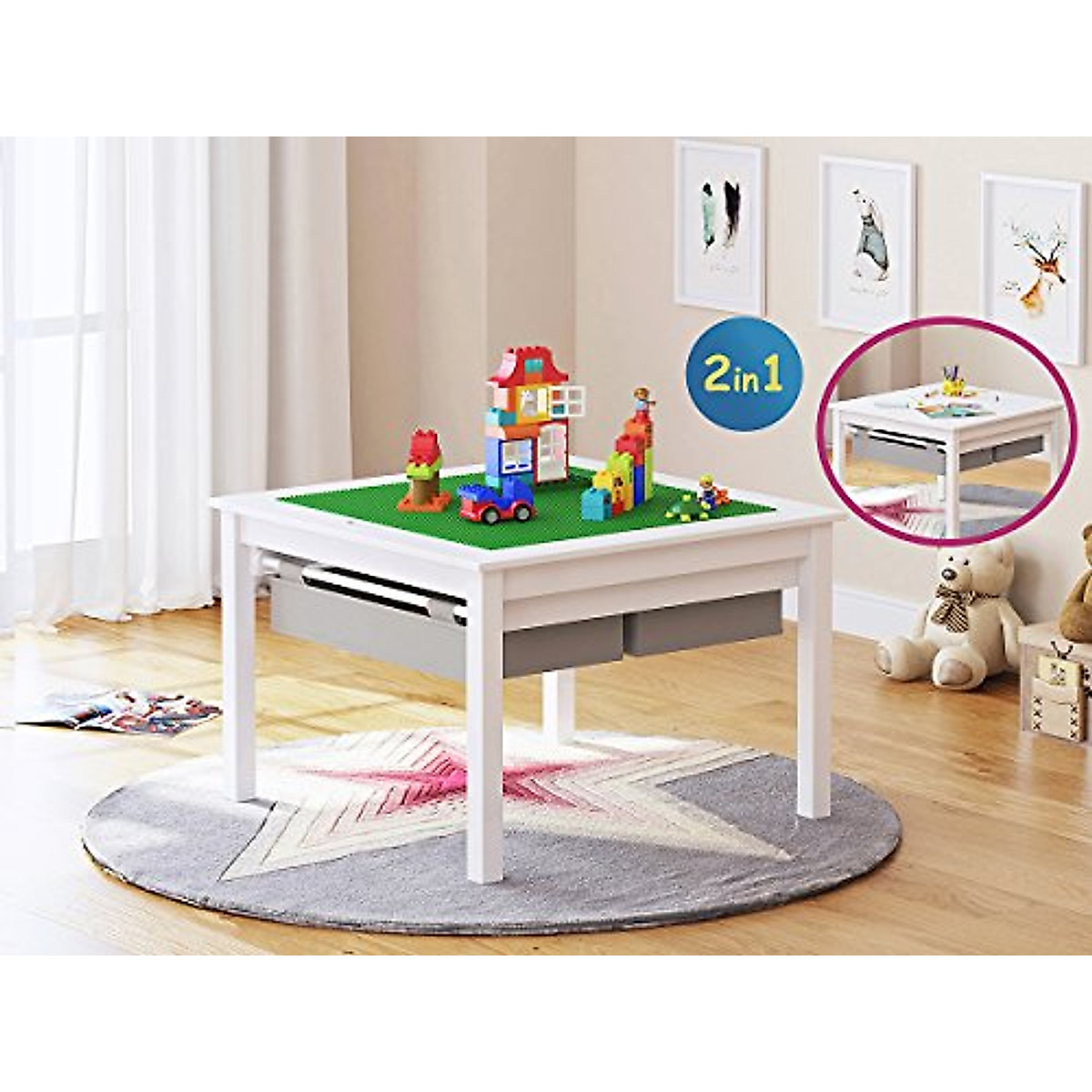 UTEX 2 in 1 Kids Construction Play Table with Storage Drawers and Built in Plate (White)