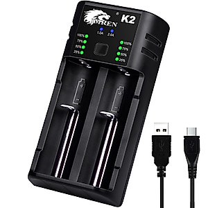 IMREN 26650 10400 Battery Charger, 3.7V Lithium ion Battery Charger for 18650 10440 14500 14650 18500 18350 18700 26650,1.2V Ni-MH/Ni-Cd Battery, 2 Bay 18650 USB C Battery Charger