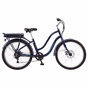 Schwinn Mendocino Mens and Womens Hybrid Electric Beach Cruiser, Lightweight Aluminum eBike Frame, 26-Inch Wheels, 6 Speed Drivetrain, Pedal Assist, Matte Blue