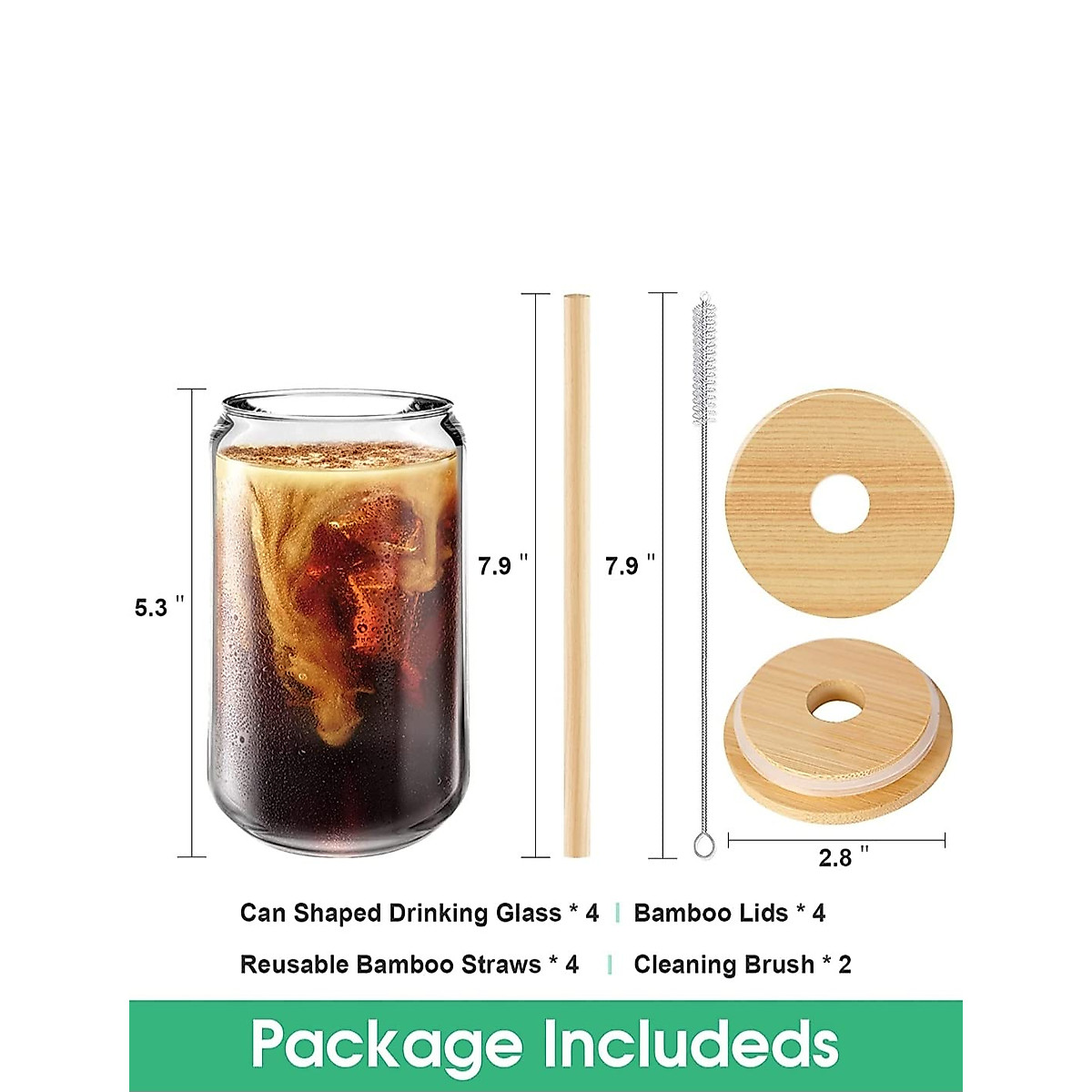 RANDY 4-Pack Beer Can Glass Cup, 16 oz Iced Coffee Drinking Cups with Bamboo Lid and Glass Straws, Glass Tumbler for Cocktail, Whiskey, Soda, Tea, Water