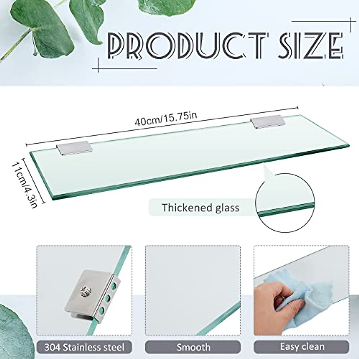 Tatuo 2 Pieces Bathroom Shelf Tempered Glass Shelf for Bathroom, 304 Stainless Steel Wall Mount Floating Glass Shelves, 15.8 Inch
