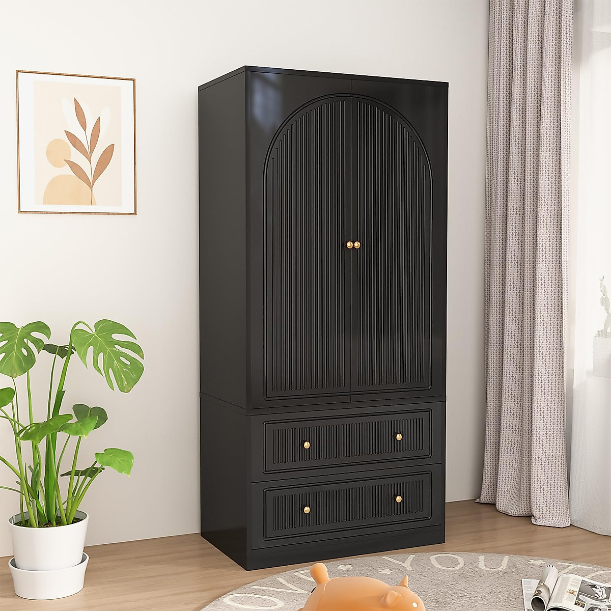Buenhomino 71" Wardrobe Closet with 2 Door & 2 Drawer, Bedroom Wooden Armoire with Hanging Rod Shelf, Freestanding Large Capacity Clothing Wardrobe Cabinet w/Gold Handles for Bedroom - Black