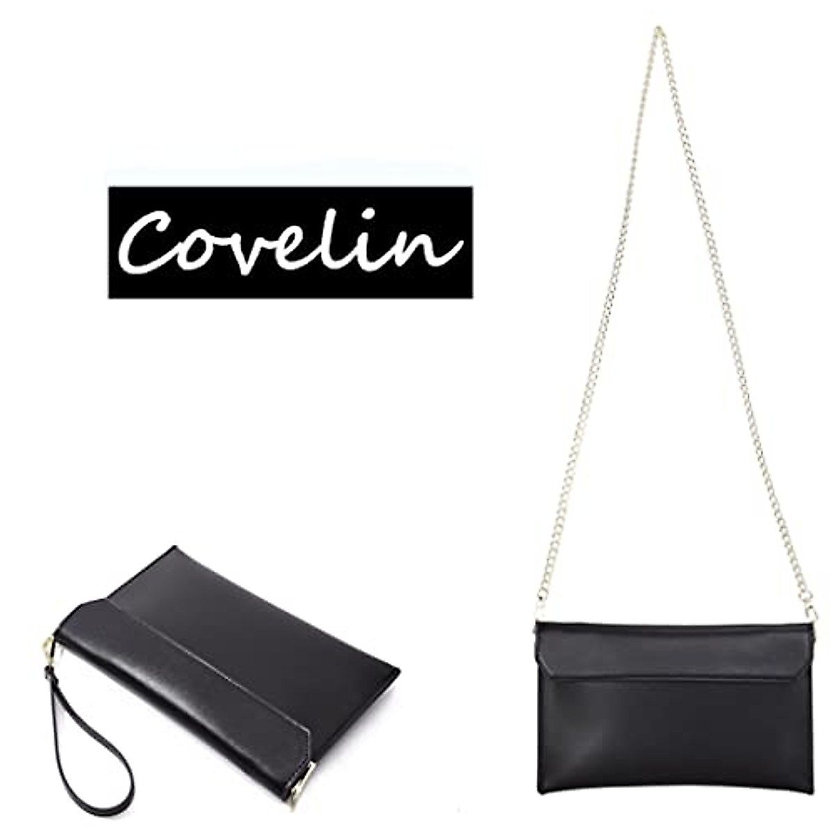 Covelin Women's Wristlet Clutch Handbag Genuine Leather Envelope Evening Shoulder Bags Black