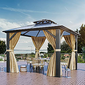 YITAHOME 12x12FT Gazebo Hard-Top Double Roof Canopy Outdoor with Netting and Shaded Curtains, Aluminum Frame Polycarbonate Hardtop Garden Tent for Patio, Backyard, Deck and Lawns, Brown