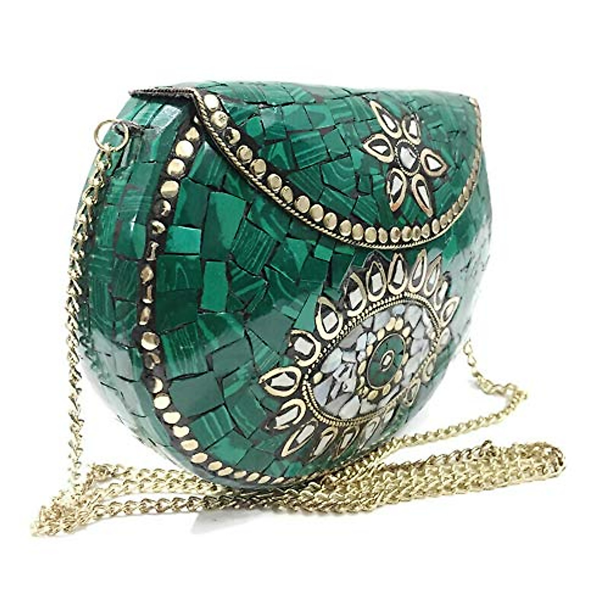 stone mosaic metal bag antique ethnic bridal clutch Indian purse party clutch women bag (Turquoise)