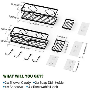 Kadolina 2-Pack Adhesive Shower Caddy with 2 Soap Dishes Holder, Bathroom Shower Storage Shower Shelves Basket, No Drilling Shower Organizer for Inside Shower, Rustproof Stainless Steel (Black)