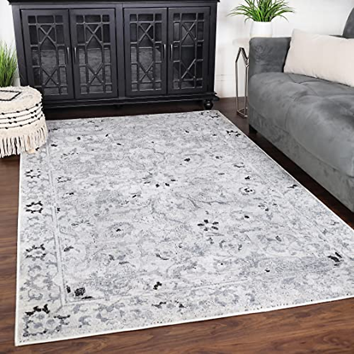 SUPERIOR Indoor Large Area Rugs with Jute Backing, Modern Distressed Floral Decor, Perfect for Entryway, Kitchen, Office, Bedroom, Living/ Dining Room, Dorm, Caine Collection, 5' x 8', Platinum