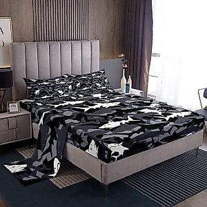 Erosebridal Camo Sharks Fitted Sheet Set Twin Black White Grey Camouflage Ocean Animal Bedding Sets for Kids Boys Teen Cool Shark Bed Sheets,Soft Microfiber Cool Wildlife Top Flat Sheet 1 Pillow Case