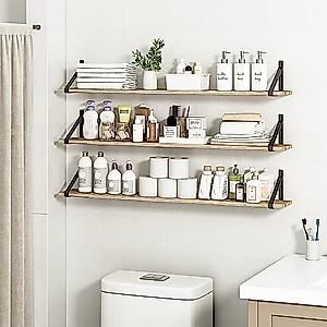 Fixwal Floating Shelves, 36 Inch Wall Bookshelf Set of 3, Large Floating Book Shelves for Wall Decor, Rustic Wood Wall Storage Shelves for Bedroom, Living Room, Kitchen, Bathroom (Carbonized Black)