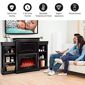 Tangkula 70" Mantel Fireplace, 750W/1500W Electric Fireplace w/Mantel & Built-in Bookshelves, 28.5-Inch Electric Fireplace w/Remote Control, 1-8H Timer, Adjustable Flame Brightness & Color (Black)