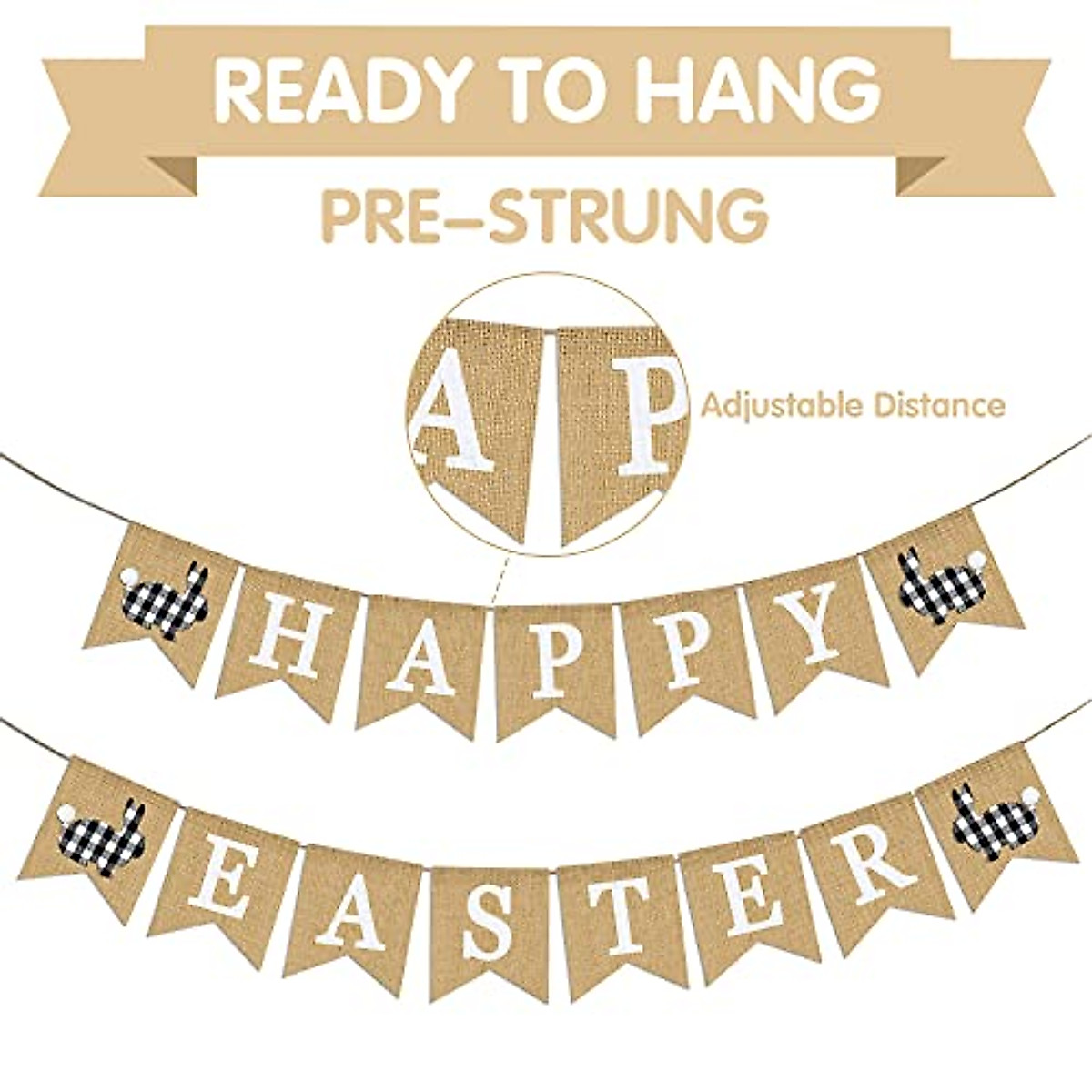 Happy Easter Burlap Banner with Buffalo Plaid Bunny - NO DIY - Rustic Farmhouse Easter Decorations - Easter Bunny Bunting Garland for Mantel Fireplace - Spring Easter Party Decoration