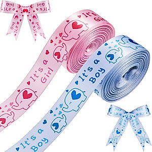 2 Rolls/ 20 Yards Elephant Satin Ribbon Baby Shower Theme Satin Ribbon Birthday Theme Gender Reveal Wrapping Ribbons for DIY Hair Bows Wreath Baby Shower Decoration Diaper Cake Wrapping, 2 Styles