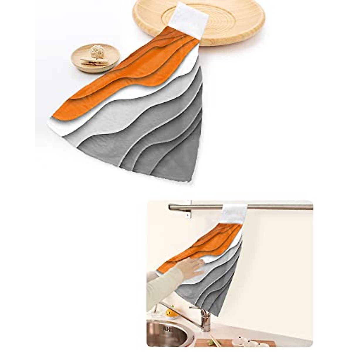 Hanging Tie Towel for Kitchen Bathroom, 2 Pack Orange Grey Gradient Geometric Durable Absorbent Hand Towels Hangable Washing Cloths Home Cleaning Decor Modern Abstract Ripple Art