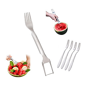 Watermelon fork stainless steel 2 in 1 watermelon fork knife double end watermelon slicer summer watermelon fruit cutting fork, watermelon fork slicer with fruit fork, set of 5