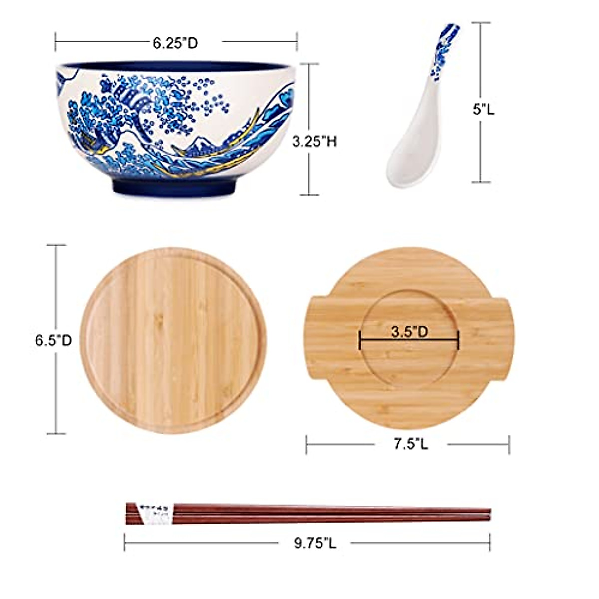 Hinomaru Collection Japanese Kamameshi Style Rice Noodle Bowl with Bamboo Lid Trivet Chopsticks and Porcelain Spoon Bowl Set (Hokusai Wave)