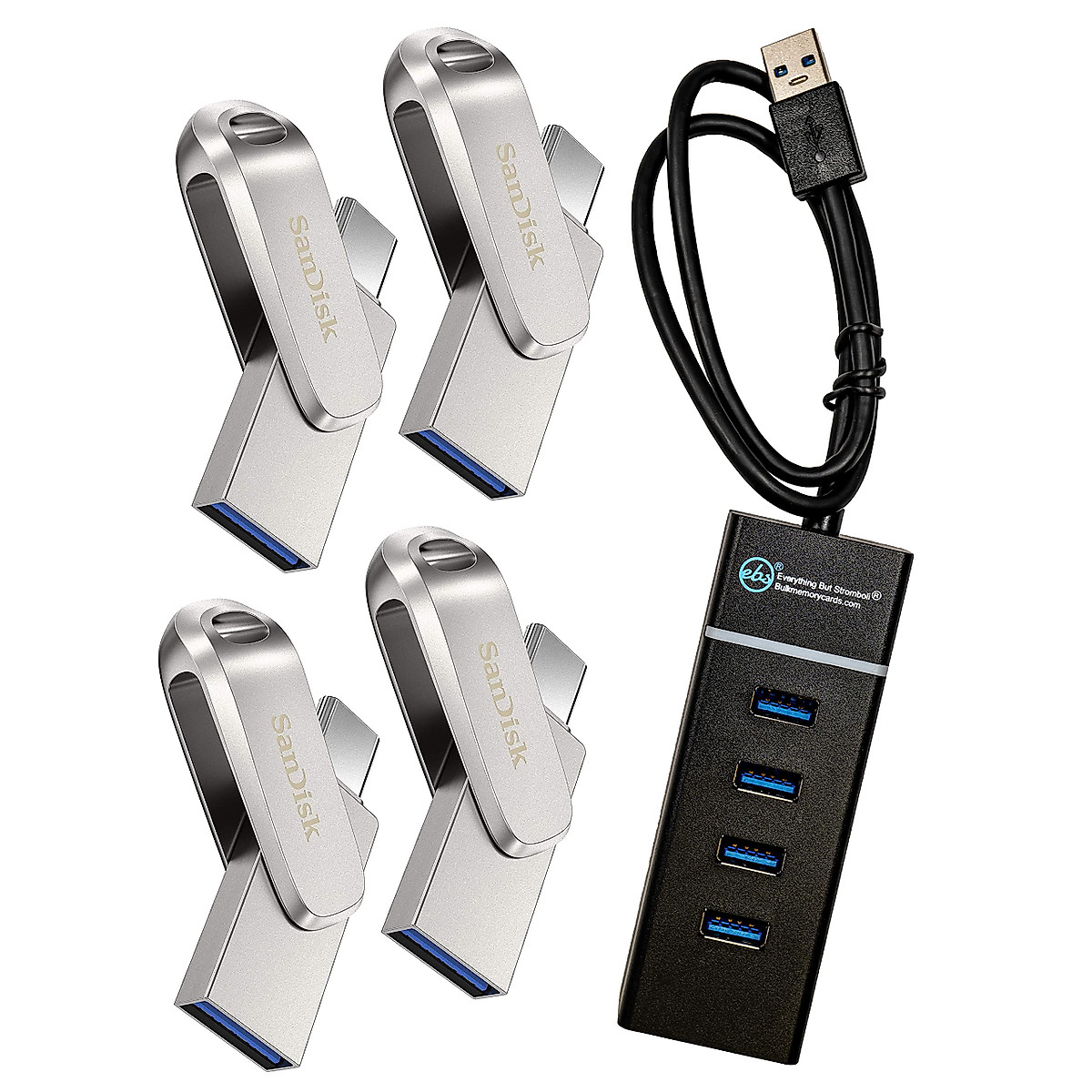 SanDisk Ultra Dual Drive Luxe 32GB Flash Drive (4 Pack) USB Type-C for Smartphones, Tablets, and Computers - High Speed (SDDDC4-032G-G46) Bundle with (1) Everything But Stromboli 4 Port USB 3.0 Hub