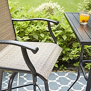 VICLLAX 5PCS Outdoor Swivel Bar Sets, Bar Height Patio Set with 4 Patio Bar Stools and 1 Square Bar Table with Umbrella Hole, Black Frame