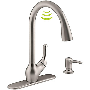 KOHLER K-R78035-SD-VS Barossa Touchless Pull-Down Kitchen Sink Faucet with Soap Dispenser, Kitchen Faucet with Pull Down Sprayer, Vibrant Stainless