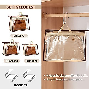 9 Pack Handbag Storage Organizer Purse Clear Dust Cover Bag for Closet with Zipper and Handle, 3 Sizes