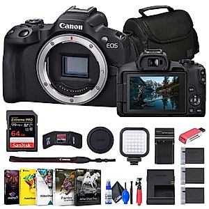 Canon EOS R50 Mirrorless Camera (Black) (5811C002) + Rode VideoMic + 64GB Card + Corel Photo Software + Bag + Charger + 2 x LPE17 Battery + Card Reader + LED Light + Flex Tripod + More (Renewed)