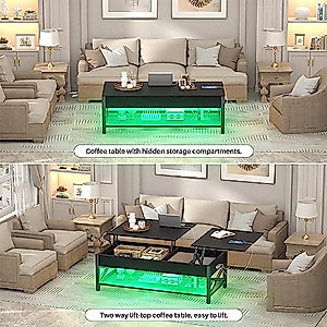 Aheaplus Coffee Table, Lift Top Coffee Table with LED Light and Power Outlet, Modern Lift-Top Table with Storage Shelf, Center Table for Living Room with Lift Tabletop, X Support, Metal Frame, Black