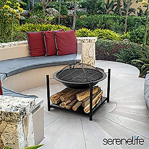 SereneLife Portable Outdoor Wood Fire Pit - 2-in-1 Steel BBQ Grill 26" Wood Burning Fire Pit Bowl w/ Mesh Spark Screen, Cover Log Grate, Wood Fire Poker for Camping, Picnic, Bonfire - SLCARFP54