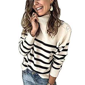 KIRUNDO Women's 2023 Fall Winter Long Sleeve Knit Sweater Turtleneck Striped Loose Pullover Tops Deco with Metal Buttons(White, Small)