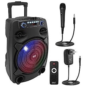 Pyle Portable Bluetooth PA Speaker System - 800W 12” Outdoor Bluetooth Speaker Portable PA System - Party Lights, USB SD Card Reader, FM Radio, Rolling Wheels - Wired microphone, Remote - PPHP127B