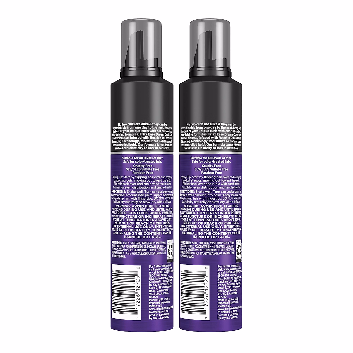 John Frieda Anti Frizz, Frizz Ease Dream Curls Curl Reviver Mousse, Enhances and Moisturizes Natural Curles, Creates a Soft Flexible Hold for Curly or Frizzy Hair, Alcohol-Free, 7.2 Oz, Pack of 2