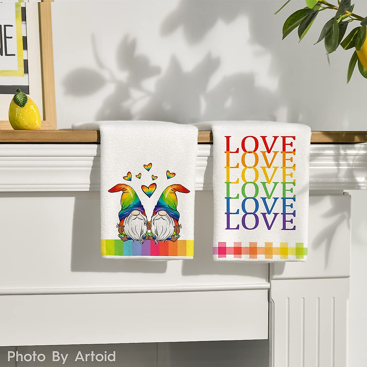 Artoid Mode Love Heart Gnomes LGBT Home Kitchen Dish Towels, 18 x 26 Inch Ultra Absorbent Coffee Tea Bar Hand Towels Bathroom Gift for Cooking Baking Set of 2