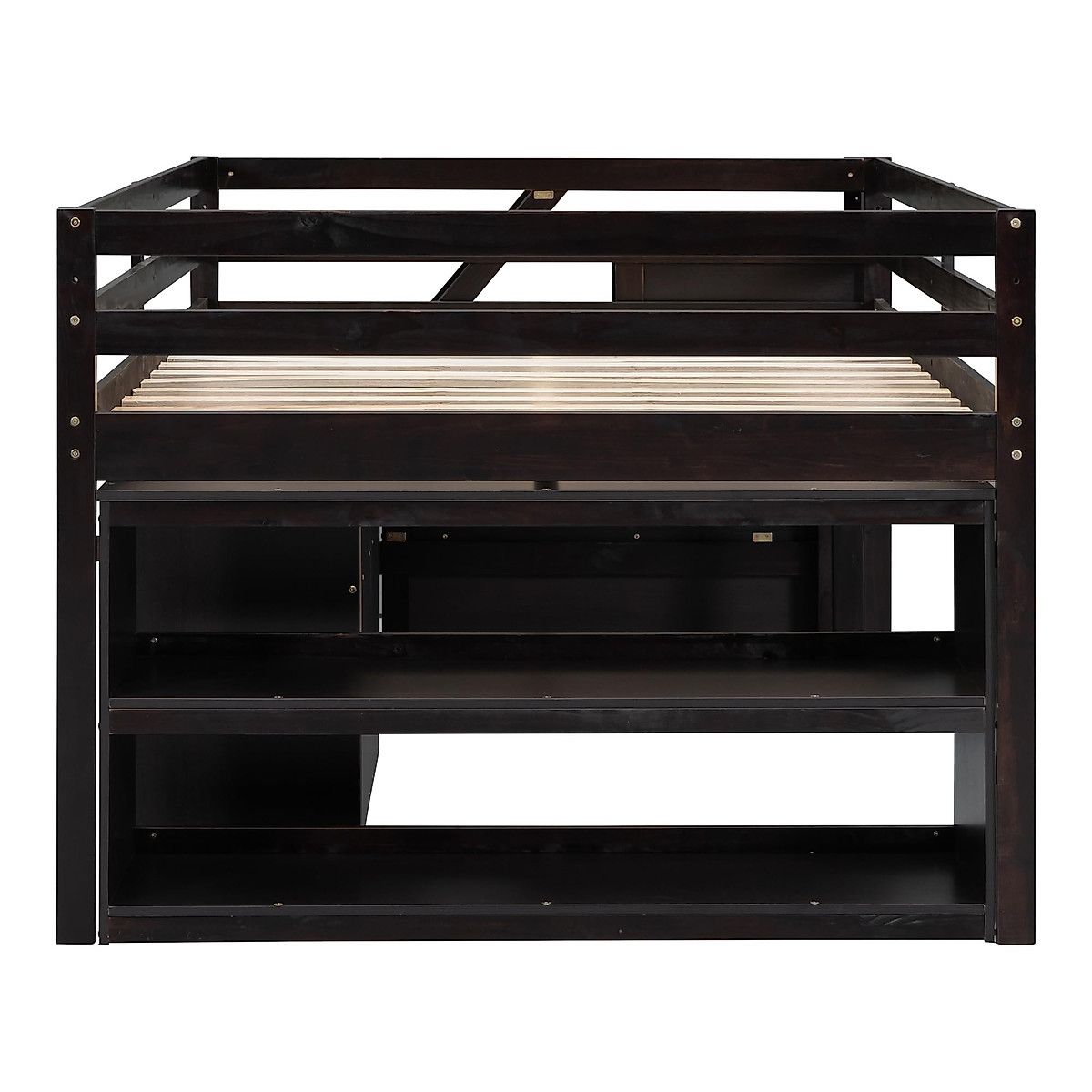 Merax Retractable Writing Desk and 3 Drawers, Wooden Loft Bed with Storage Stairs and Shelves, Espresso