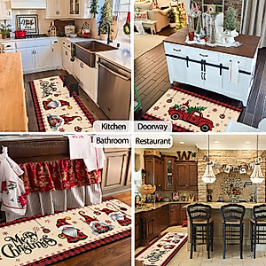 CocoBelin Christmas Gnome Kitchen Rug and Mat 2 Pcs,Red Truck Snowflake Tree Buffalo Plaid Bathroom Rug Non Slip Cushioned Mat Runner Rug Doormat for Christmas Farmhouse Kitchen Decor,17x30+17x47inch