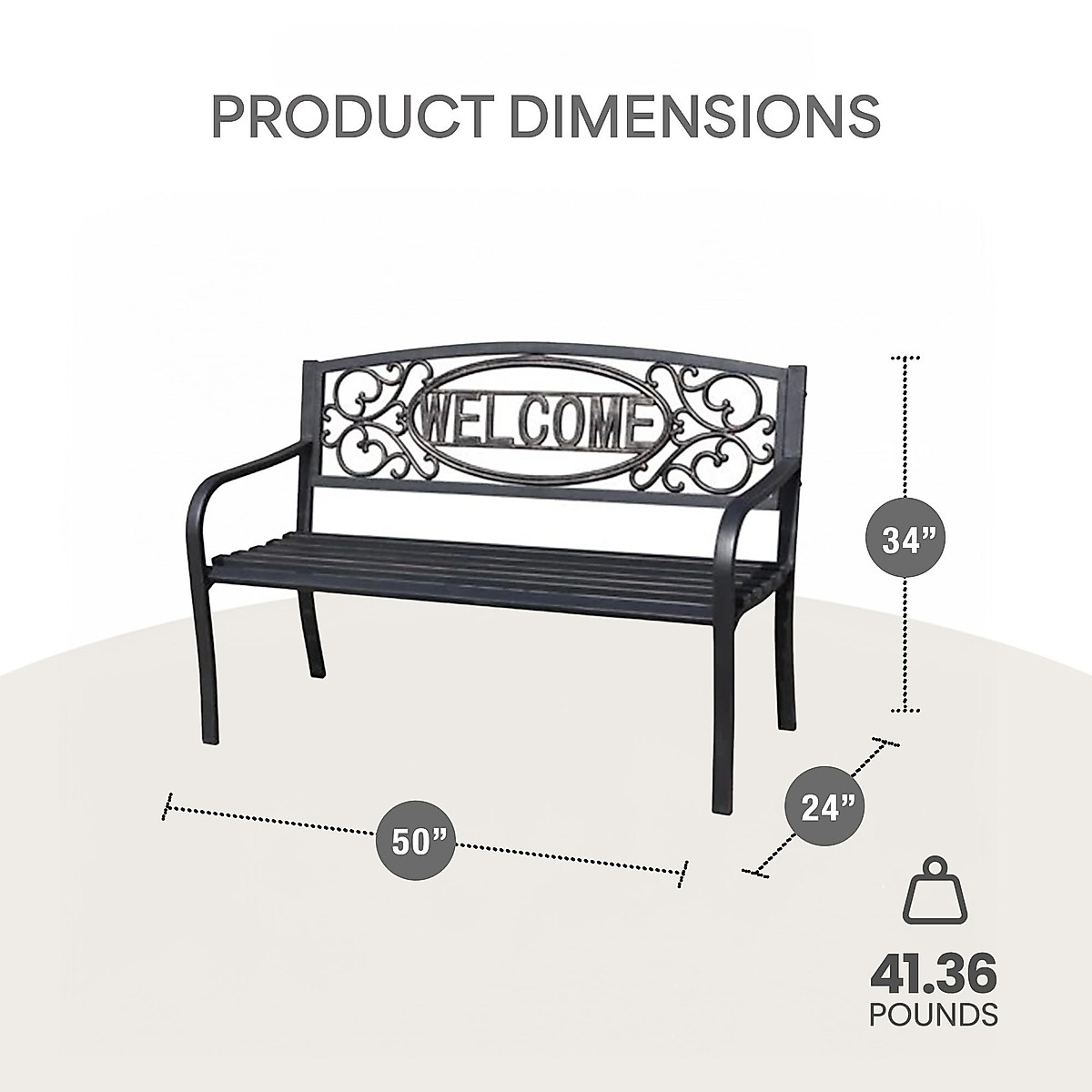 Four Seasons Courtyard Welcome Outdoor Park Bench Powder Coated Steel Frame Furniture Seat for Backyard Garden, Front Porch, or Walking Path, Black