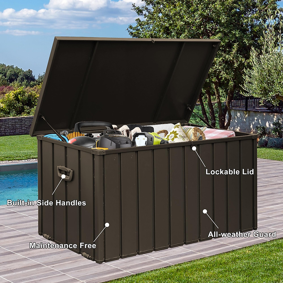 Domi 120 Gallon Deck Box Outdoor Storage Box, Lockable Storage Cabinet Deck Box Outdoor Waterproof, Large Metal Storage Bin for Patio Furniture Cushions Garden Tools Pool-Supplies, Brown