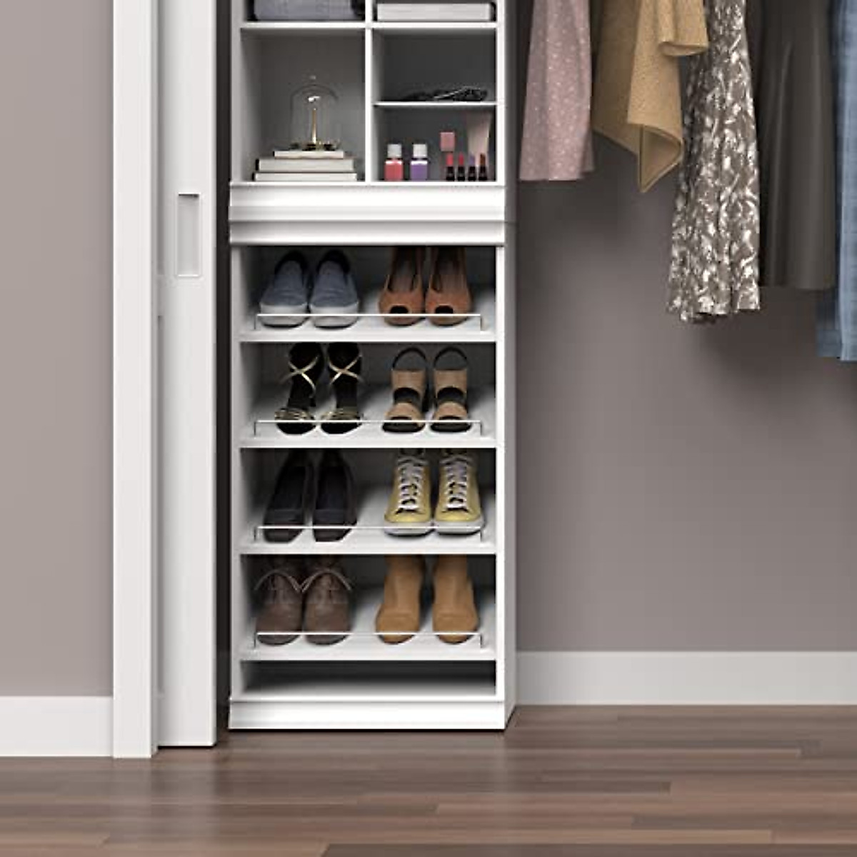 ClosetMaid Modular Storage Angled Shelves, Wood Closet Organizer Adjustable, Stacking, Full Backer, Decorative Trim, White, Shoe Shelf Unit