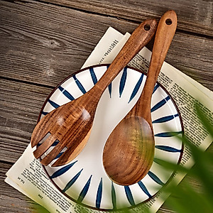 2Pcs / Set Wooden Mixing Spoon Fork with Hanging Holes, Ergonomic Design, Ideal for School Office Festival Use