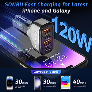 120W USB C Car Charger, SONRU 4 Ports Cigarette Lighter USB Car Charger Adapter, [2 PD 60W+2 QC3.0 30W] Fast Charging for iPhone 14 Pro Max Galaxy S23/22 Google Pixel LG iPad Air