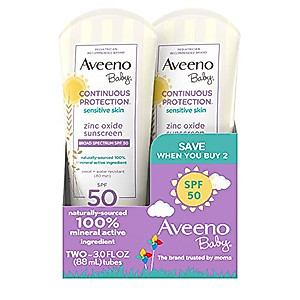 Aveeno Baby Continuous Protection Zinc Oxide Mineral Sunscreen Lotion for Sensitive Skin, Broad Spectrum SPF 50, Paraben- & Tear-Free, Sweat- & Water-Resistant, Travel-Size, 2 x 3 fl. oz
