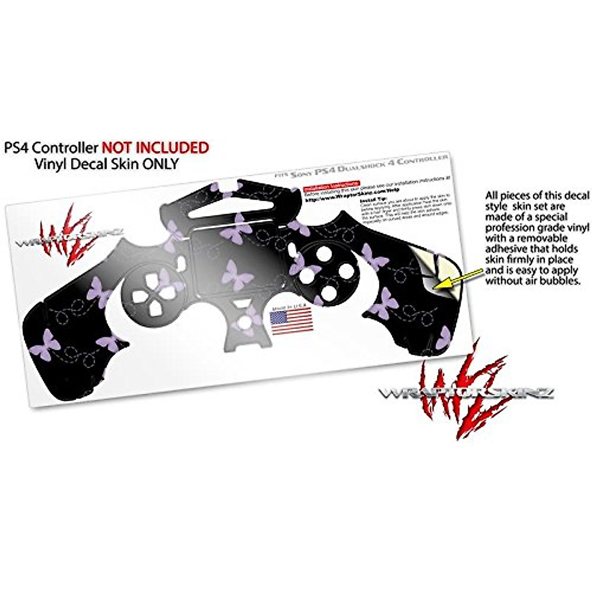WraptorSkinz Skin Compatible with Sony PS4 Dualshock Controller PlayStation 4 Original Slim and Pro Pastel Butterflies Purple on Black (Controller NOT Included)