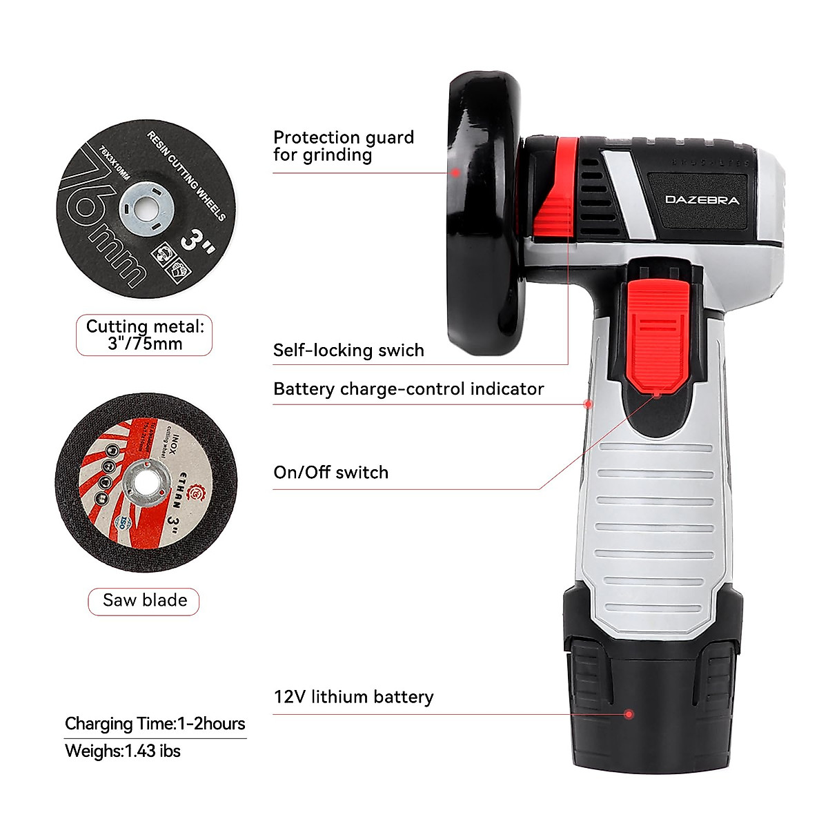 Cordless Angle Grinder, 19500rpm Cordless Grinder with 1pcs 12V 1500mAh Batteries and 3-Cutting Discs Metal Grinder for Metal Stone Wood