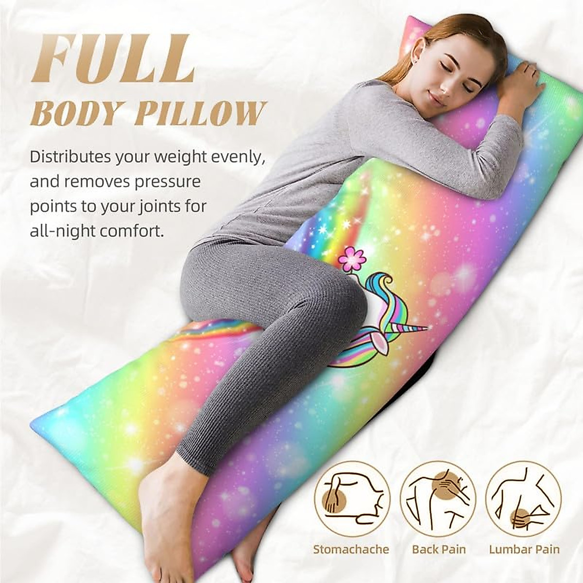 Rainbow Unicorn body pillowcase for Boys Girls Unicorn Cartoon Long Pillow Case Protector with Zipper Decorative Ultra Soft 20"x54"