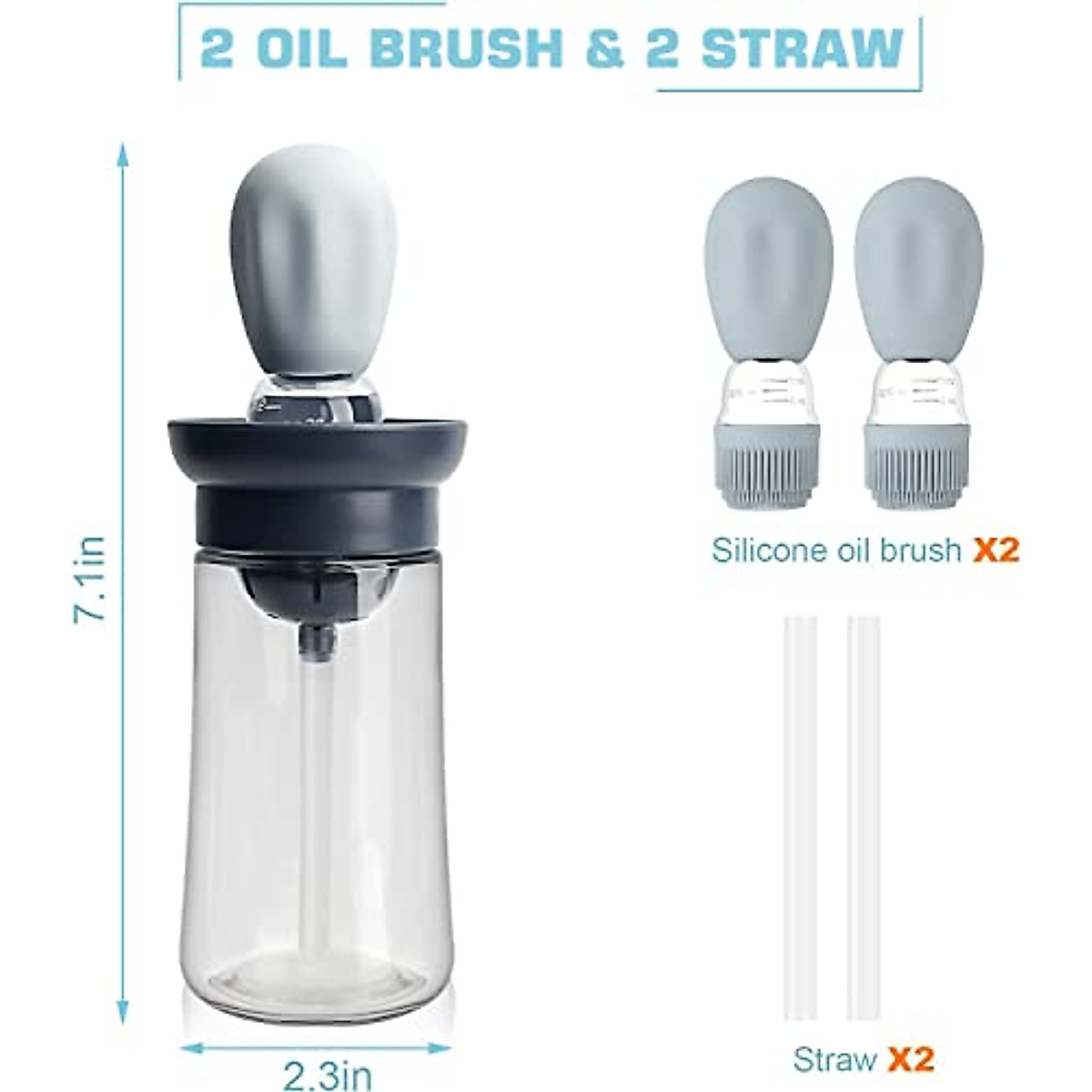 WOBILOO Glass Olive Oil Dispenser Bottle With Silicone Brush 2 In 1, Silicone Dropper Measuring Oil Dispenser Bottle for Kitchen Cooking, Frying, Baking, BBQ Pancake, Air Fryer (2 Oil Brush & 2 Straw) (BLUE)