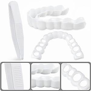Teeth Veneers 2 Pieces Dental Veneers Fake Teeth Veneers Magic Teeth Brace Fake Top Teeth Customizable Temporary Fake Teeth White Instant Veneers Dentures with Mini Tweezer for Bad Teeth Whitening