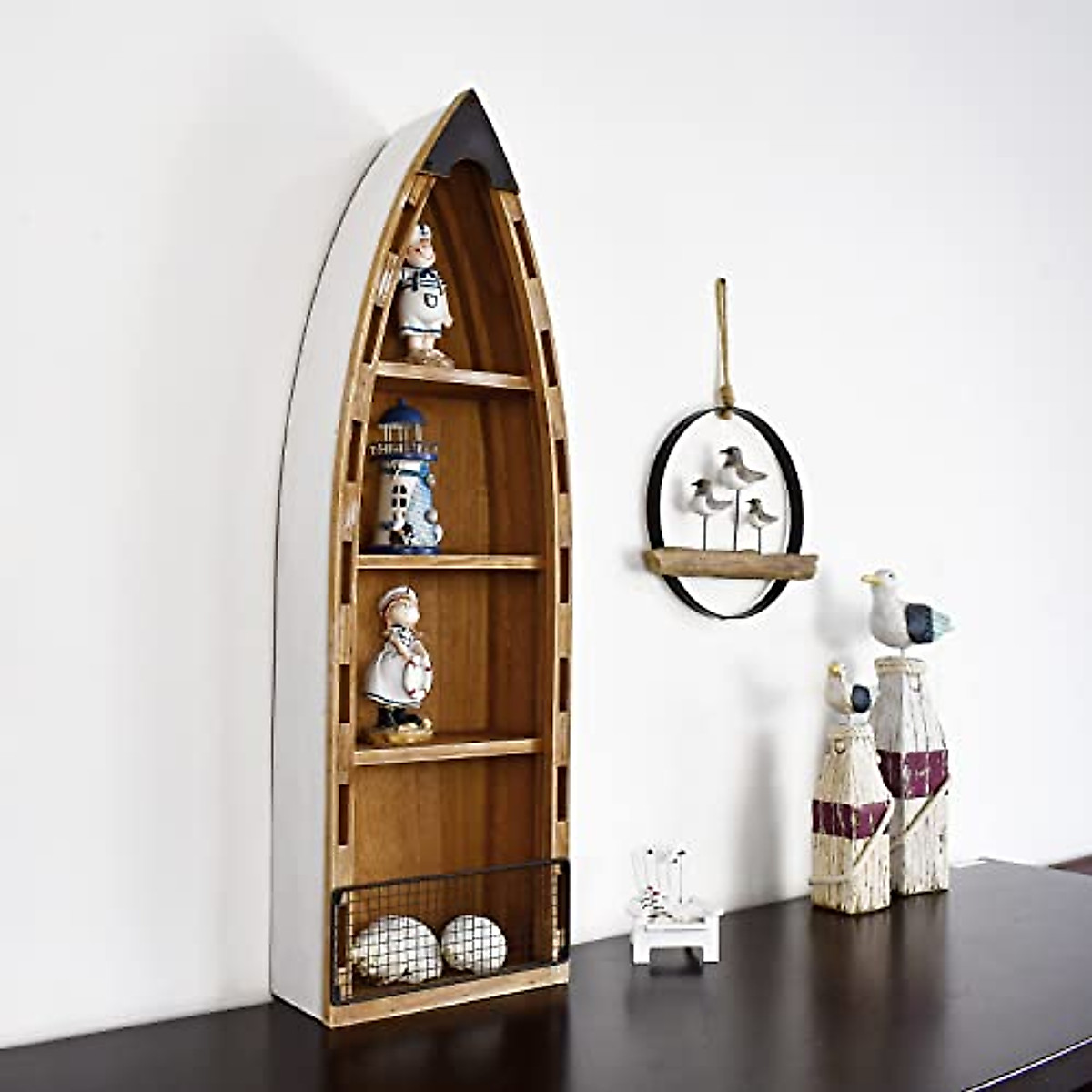 Wood Boat Shelf Standing Boat Decor, Decorative Bookshelf Boat Shelves Nautical Wall Hanging Boat for Beach Theme Bathroom Living Room Baby Nursery Floor Tabletop Coastal Farmhouse Lake House Decor