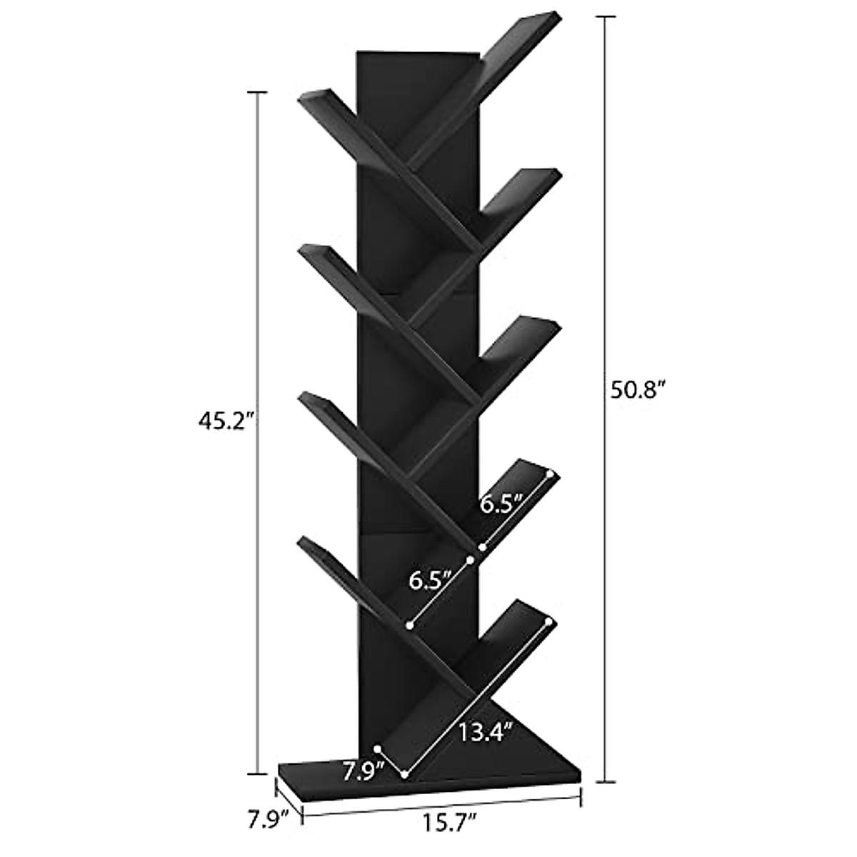 Topfurny Tree Bookshelf, 9-Tier Shelf Rustic Brown Bookcase, Retro Wood Storage Rack for CDs/Movies/Books, Anti-Fall Utility Organizer Shelves for Living Room, Bedroom, Home Office, Black